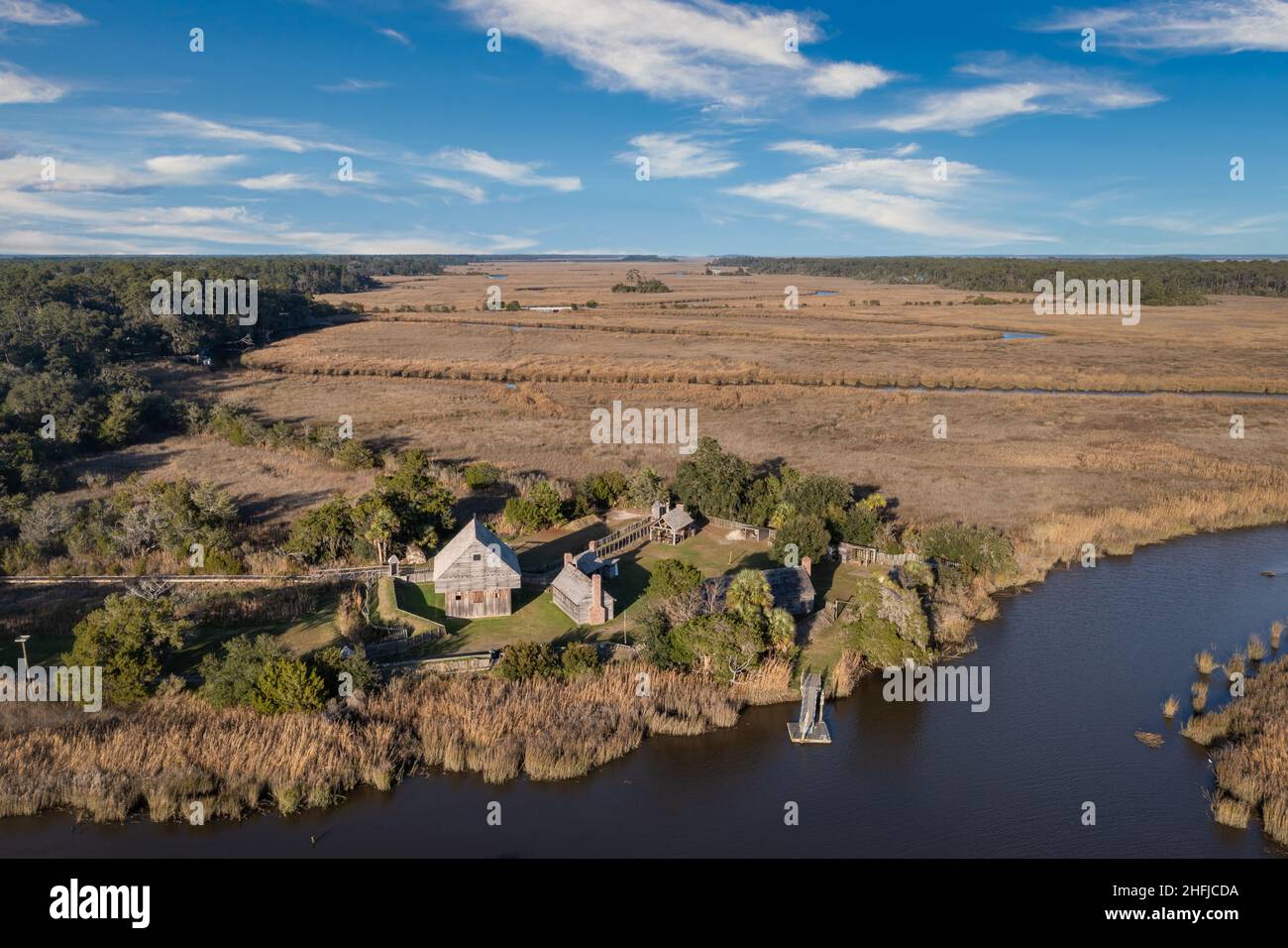 Aerial view of Fort King George historic site, oldest English fort on ...