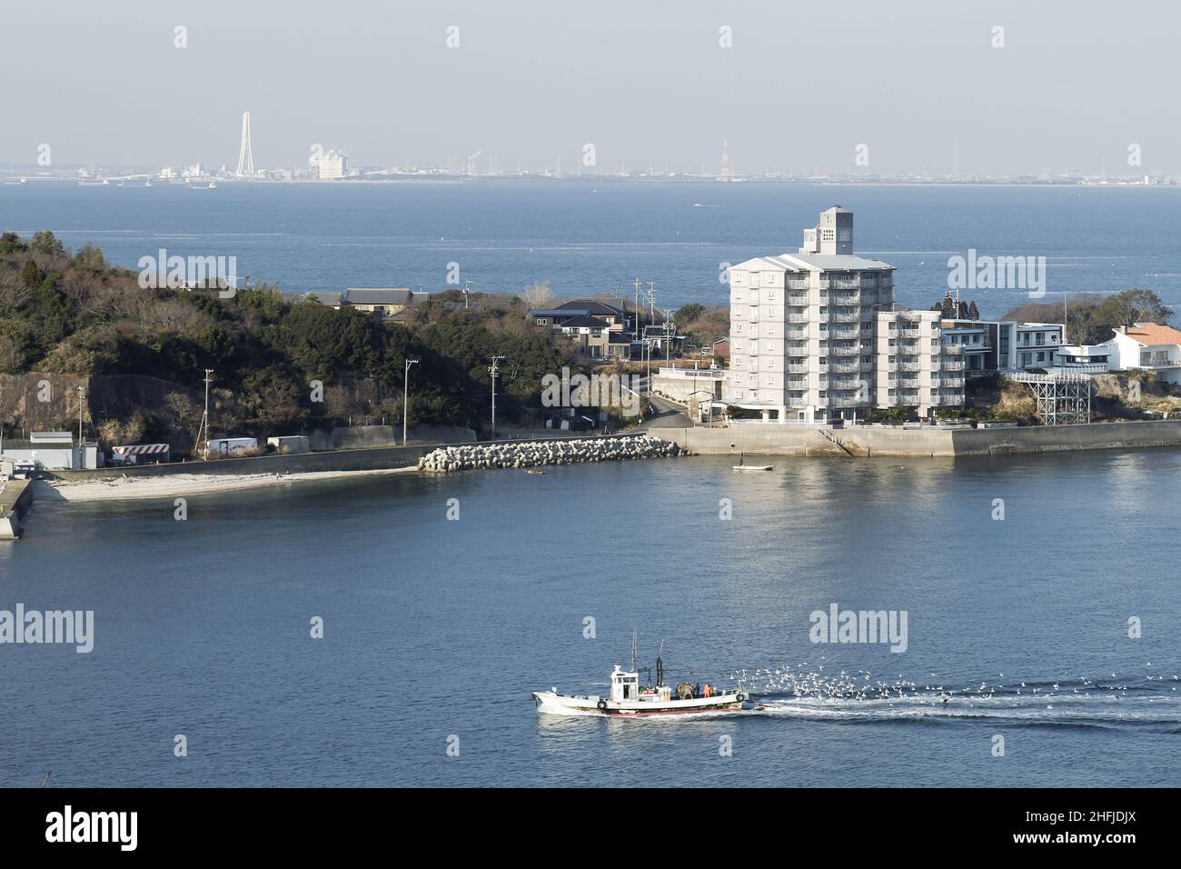 Minamichita, Aichi, Japan, 2022/15/01 , Fisherman boat returning in ...