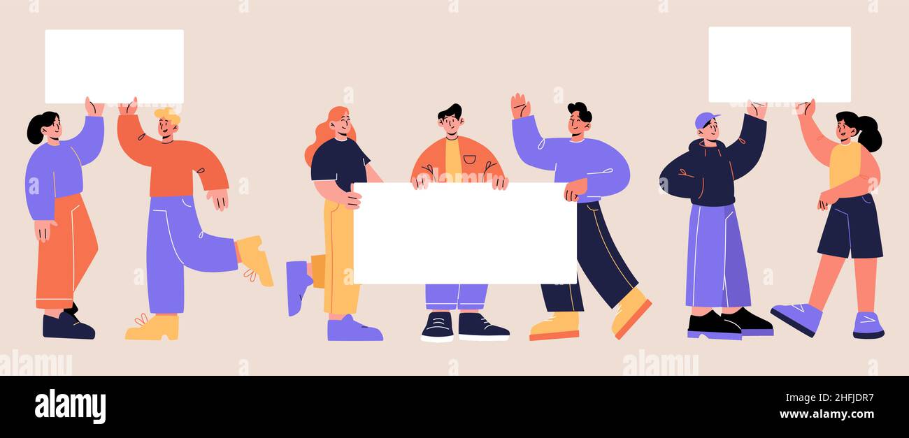 People with placards and banners protest on rally demonstration or ...