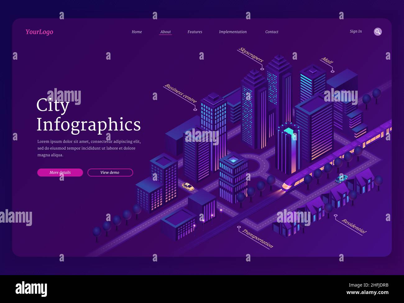 City infographics isometric landing page, modern metropolis town with ...
