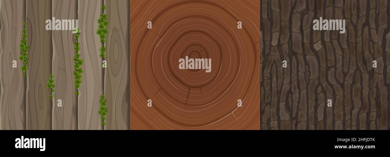 Wooden textures of cut tree trunk, bark and boards. Vector cartoon set ...