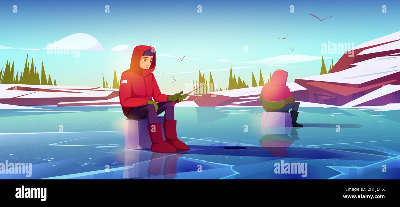 Winter ice fishing with men holding rods, wear warm clothes, sitting on ...