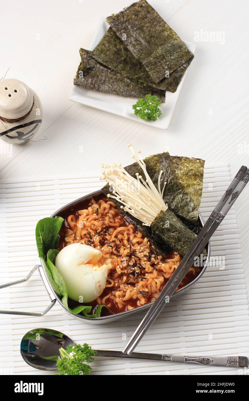 Spicy Korean Instant Ramen or Ramyun with Soft Boiled Egg, Mushroom ...