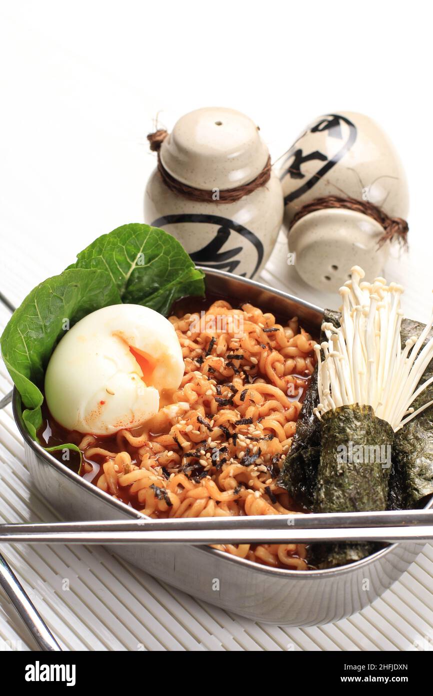 Spicy Korean Instant Ramen or Ramyun with Soft Boiled Egg, Mushroom ...