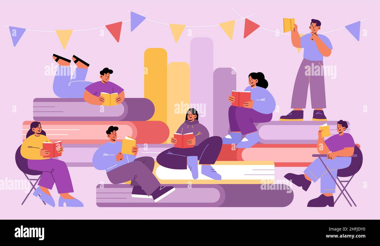 Young people read books in library. Students study in school, college ...