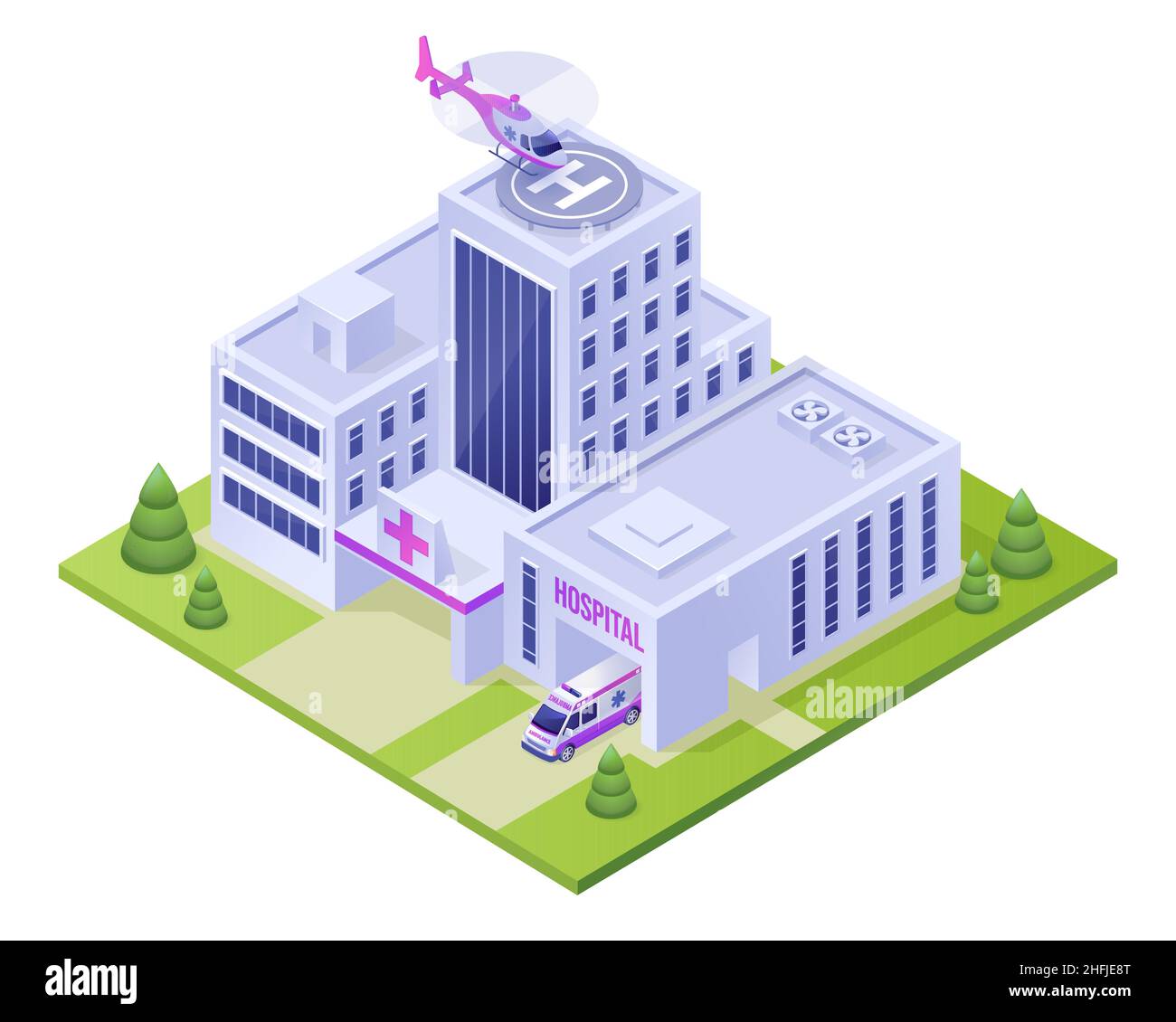 Isometric hospital clinic building with ambulance car, helicopter on ...