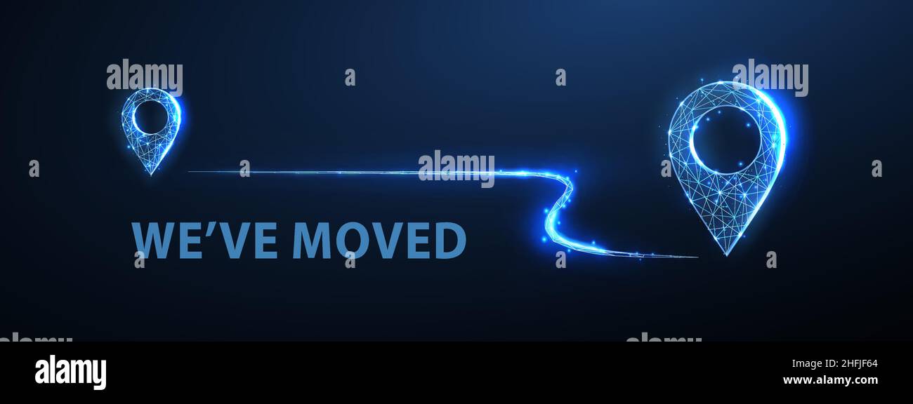 Two pin icons with move path. New office location, change business ...