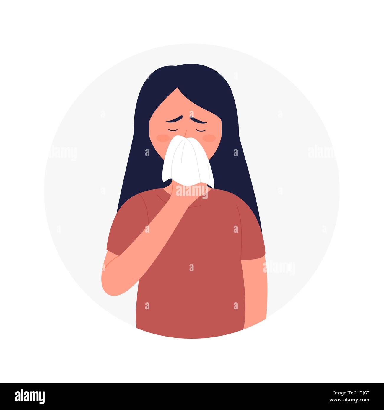 Sick girl blowing her nose into handkerchief. Alergical side effects or ...