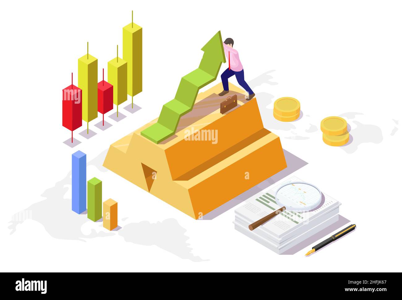 Gold ingots, increasing charts, vector isometric illustration. Gold ...