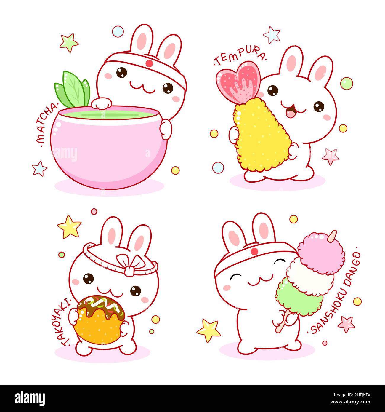 Set of cute little bunnies with Japanese traditional cuisine dishes ...