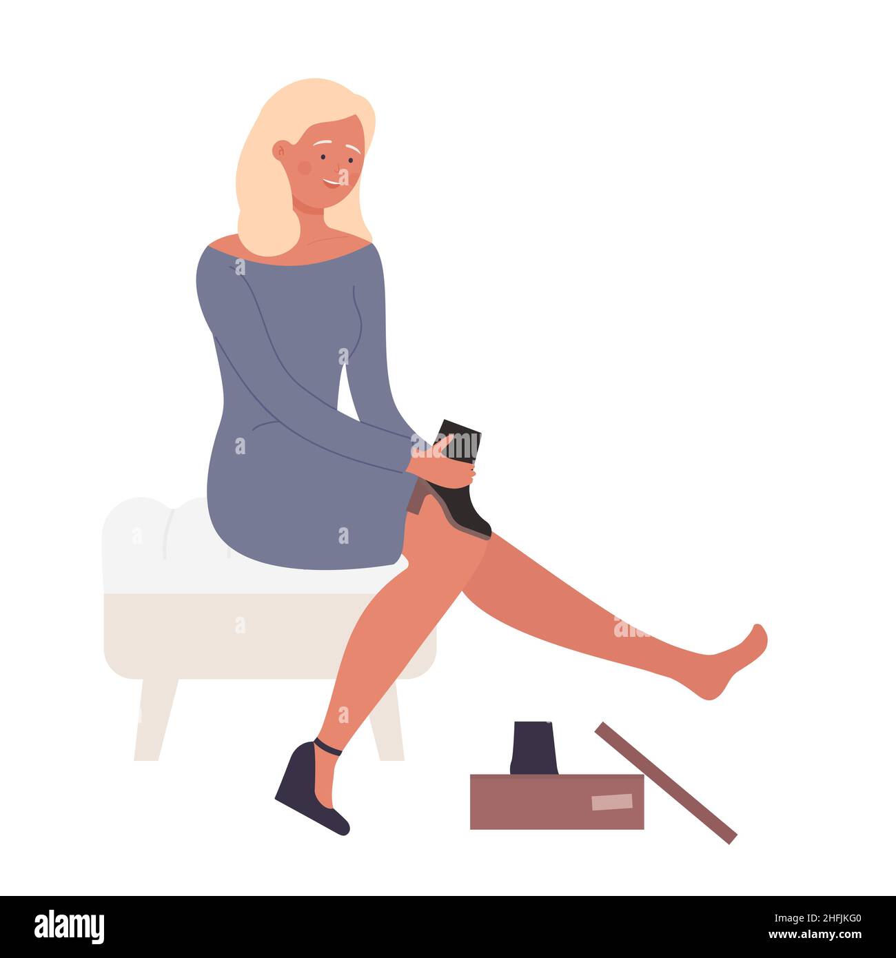 Happy young girl trying new pair of shoes. Cheerful and smiling lady ...