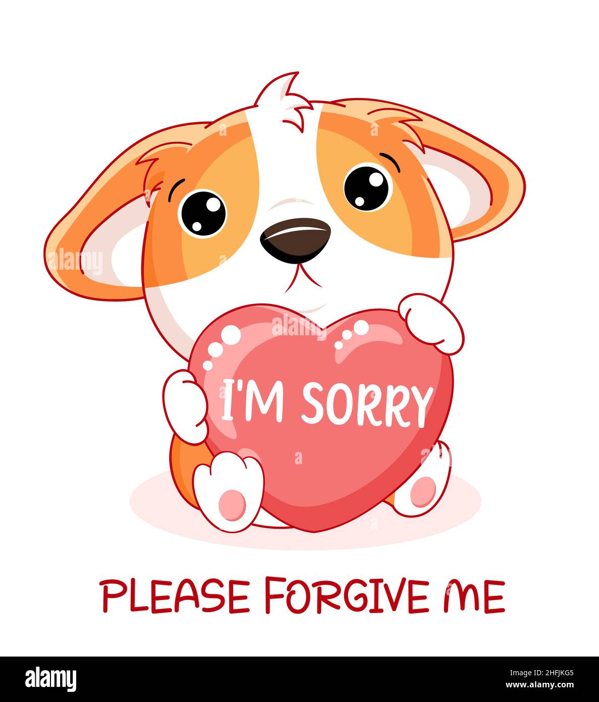 Apologize card. Sad little corgi puppy with pink heart. Inscription I'm ...