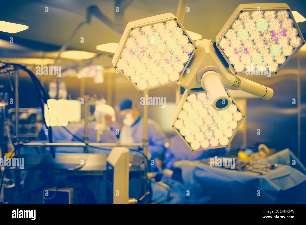 Surgical shadowless lamp in the equipped room on the background of ...