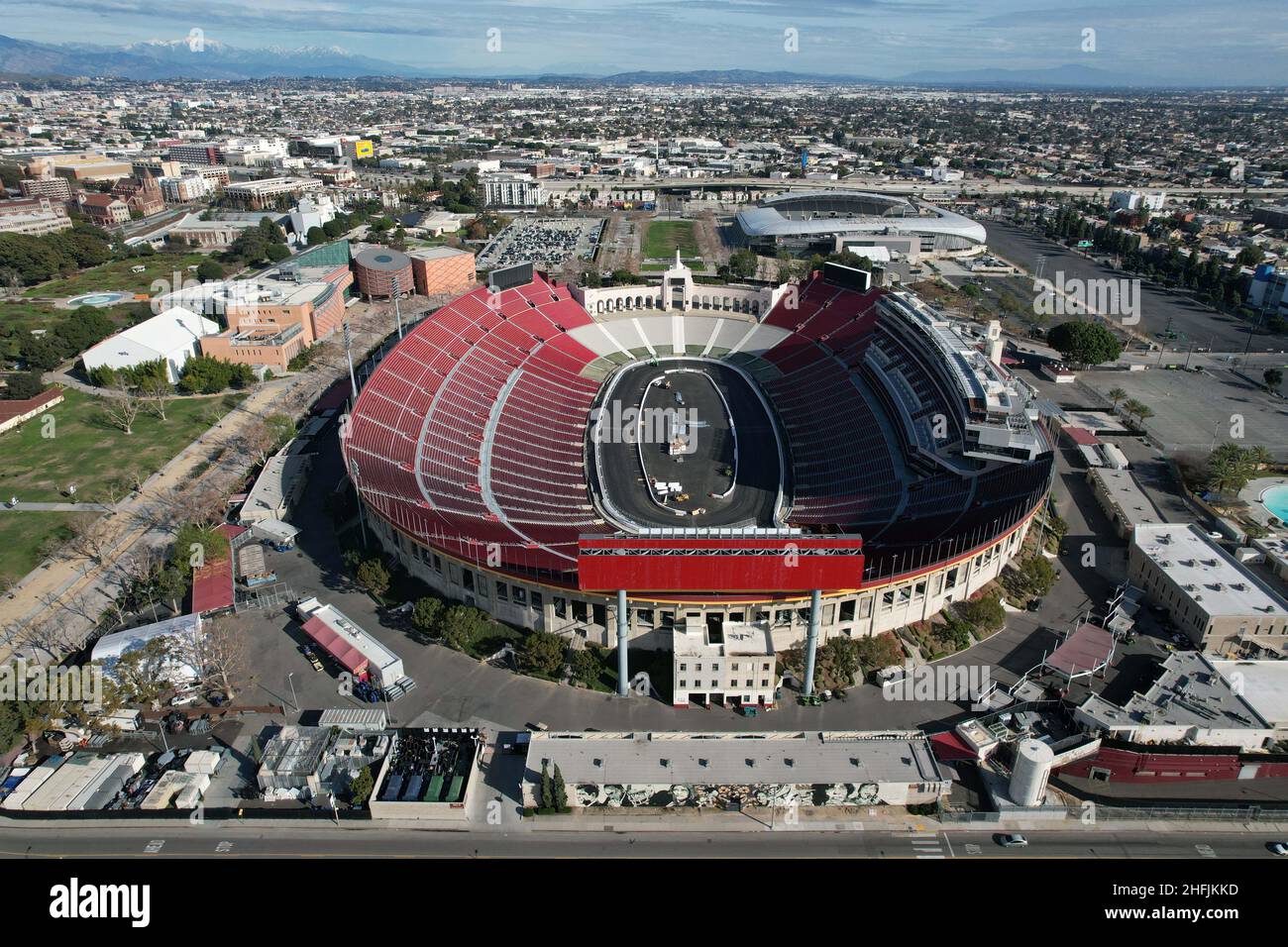 An aerial view of the construction of a temporary asphalt racetrack at the Los Angeles Memorial ...