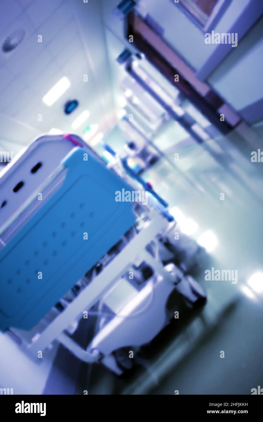 Modern wheelbed in the long hospital foyer, unfocused background Stock ...