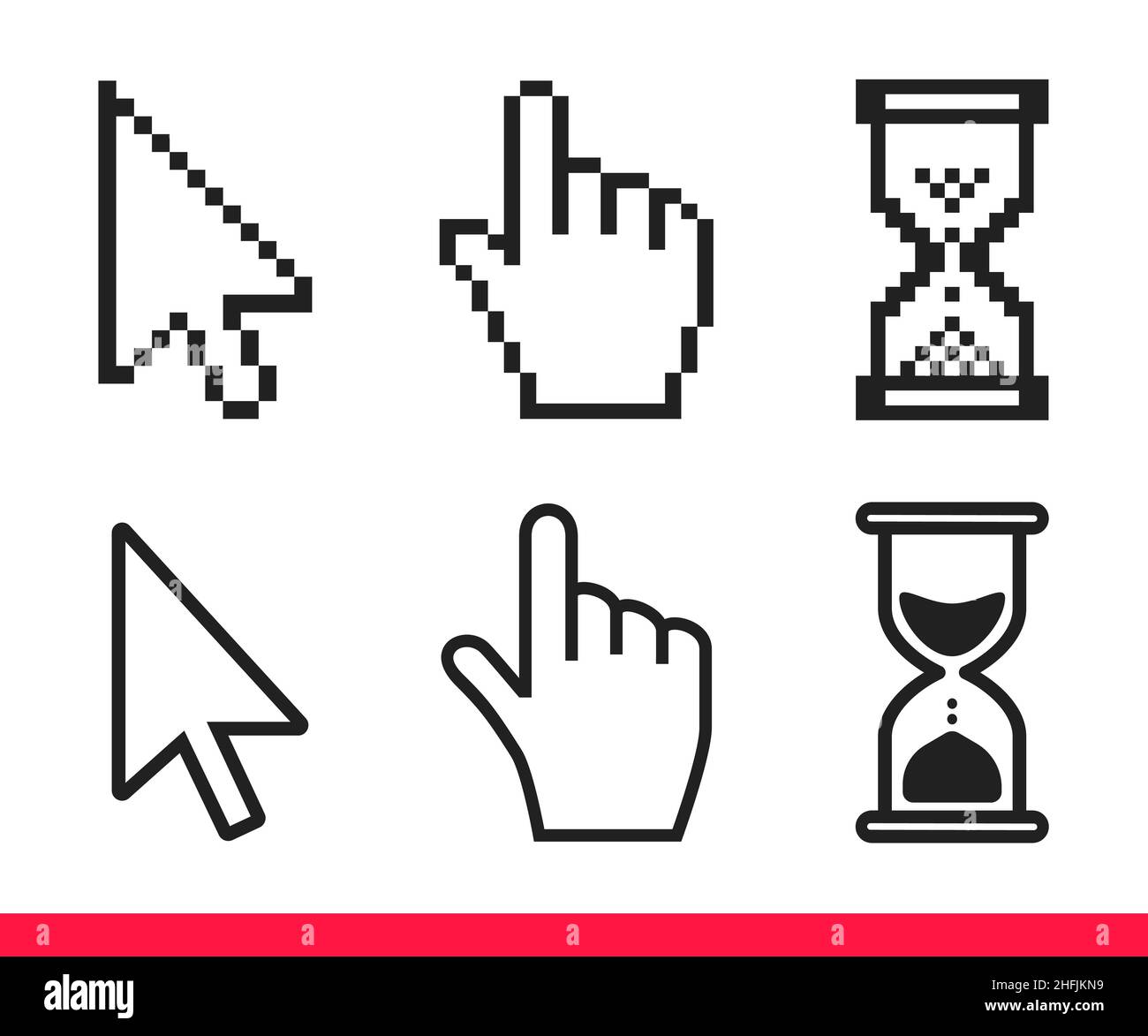 Pointer hand, arrow and hourglass loading clock mouse cursors Stock ...