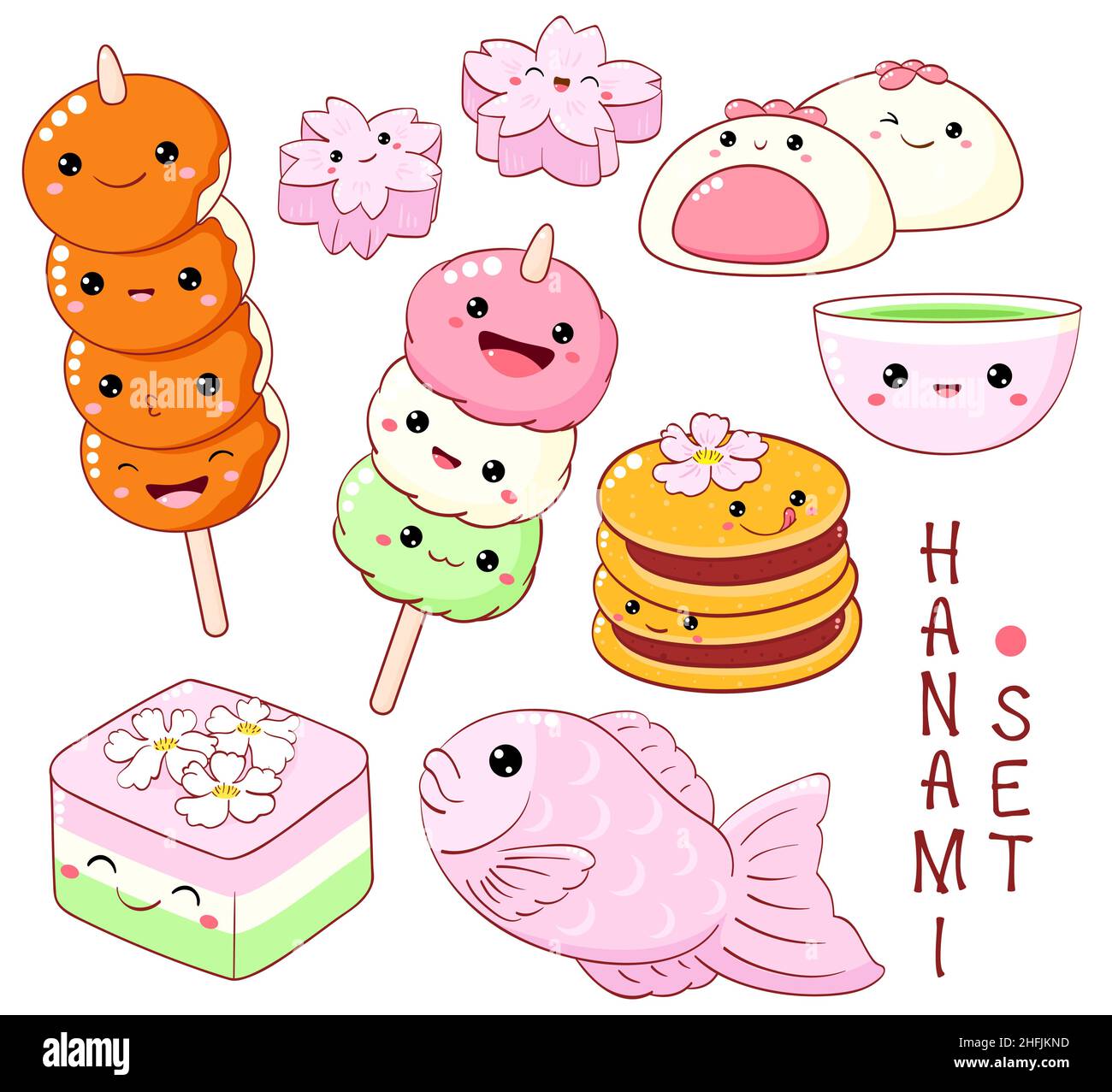 Set of cute hanami season dessert icon in kawaii style with smiling ...
