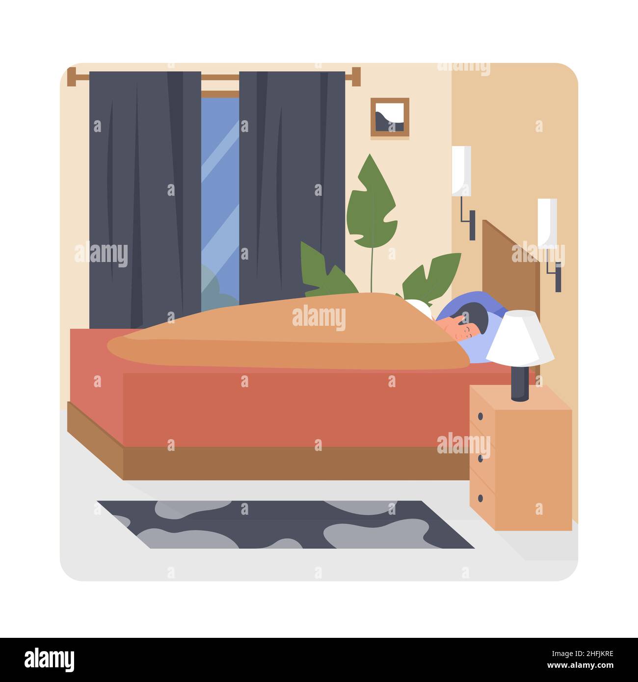 Deeply sleeping man in his cozy bedroom. Daily routine of overnight ...