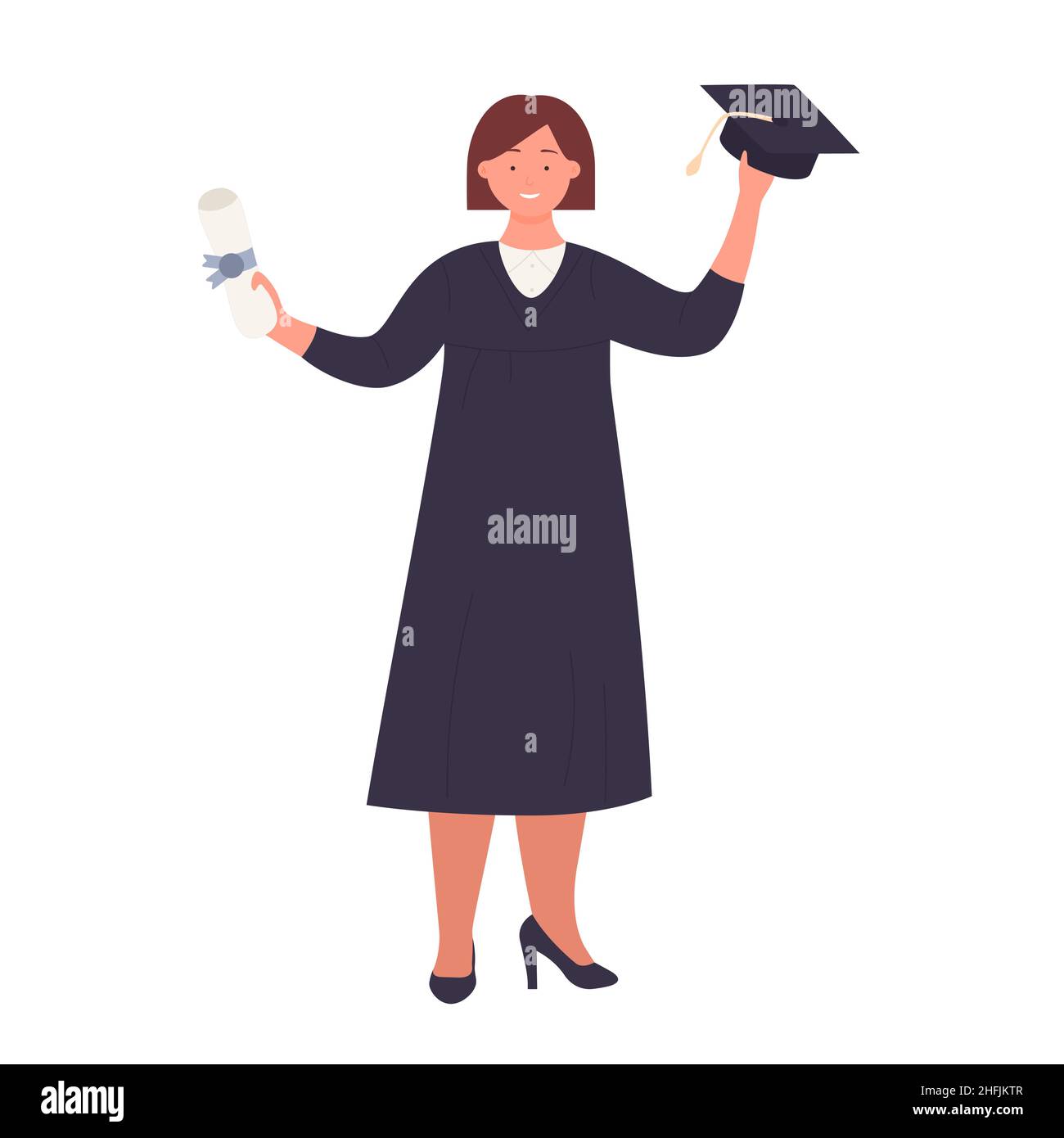 Happy student girl holding a graduation cap and diploma. Gaining ...