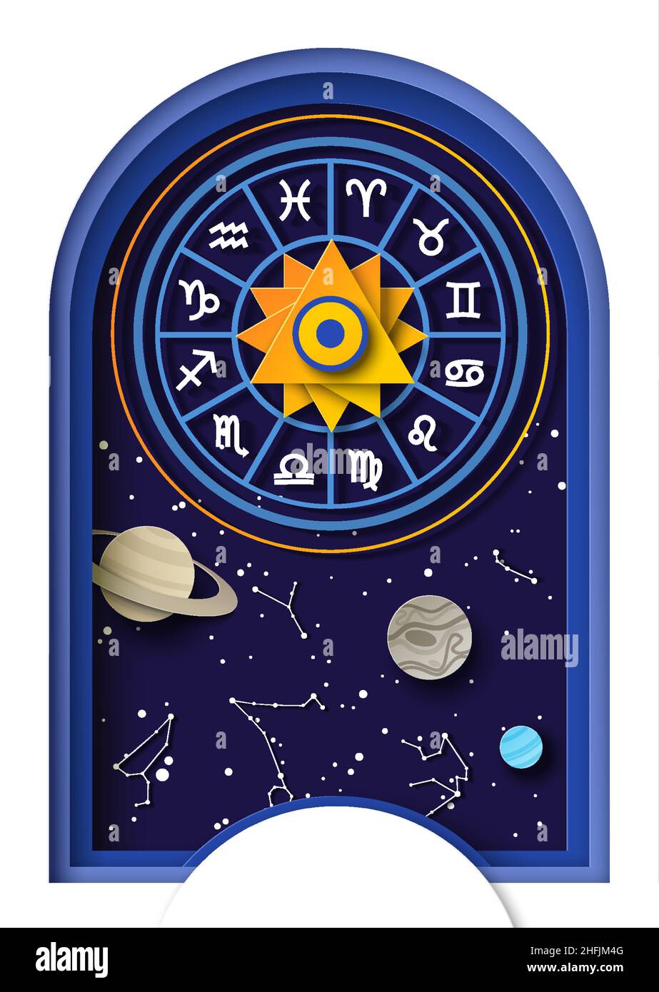 Zodiac wheel with twelve horoscope signs, planets, starry sky ...