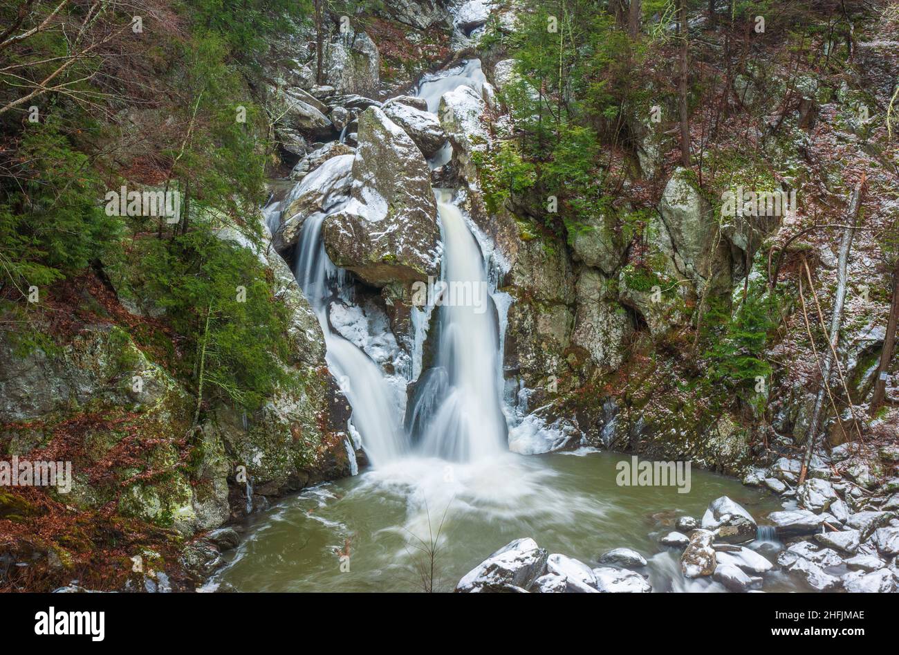 Bash Bish Falls in winter. Located in Bash Bish Falls State Park, in ...