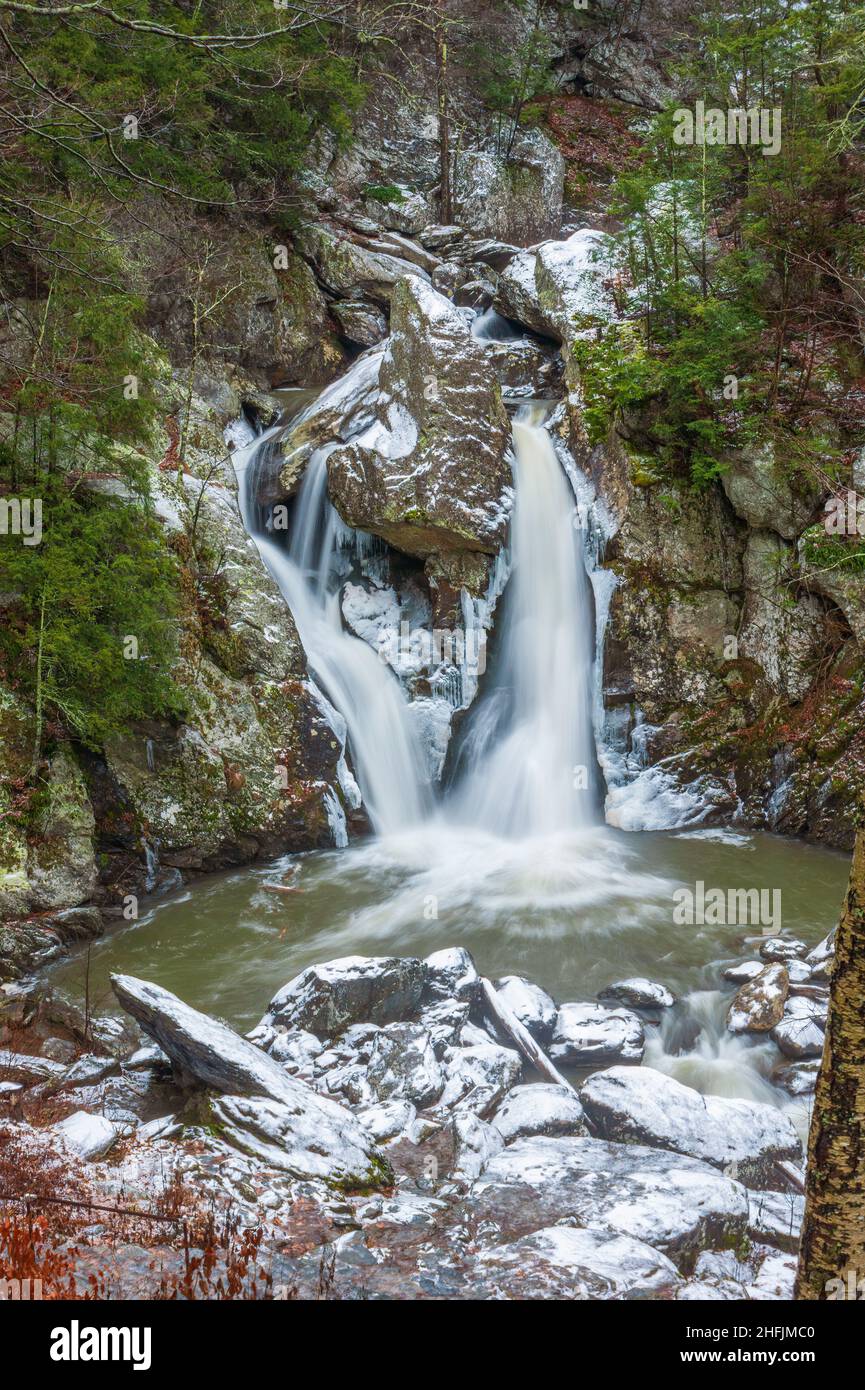 Bash Bish Falls in winter. Located in Bash Bish Falls State Park, in ...