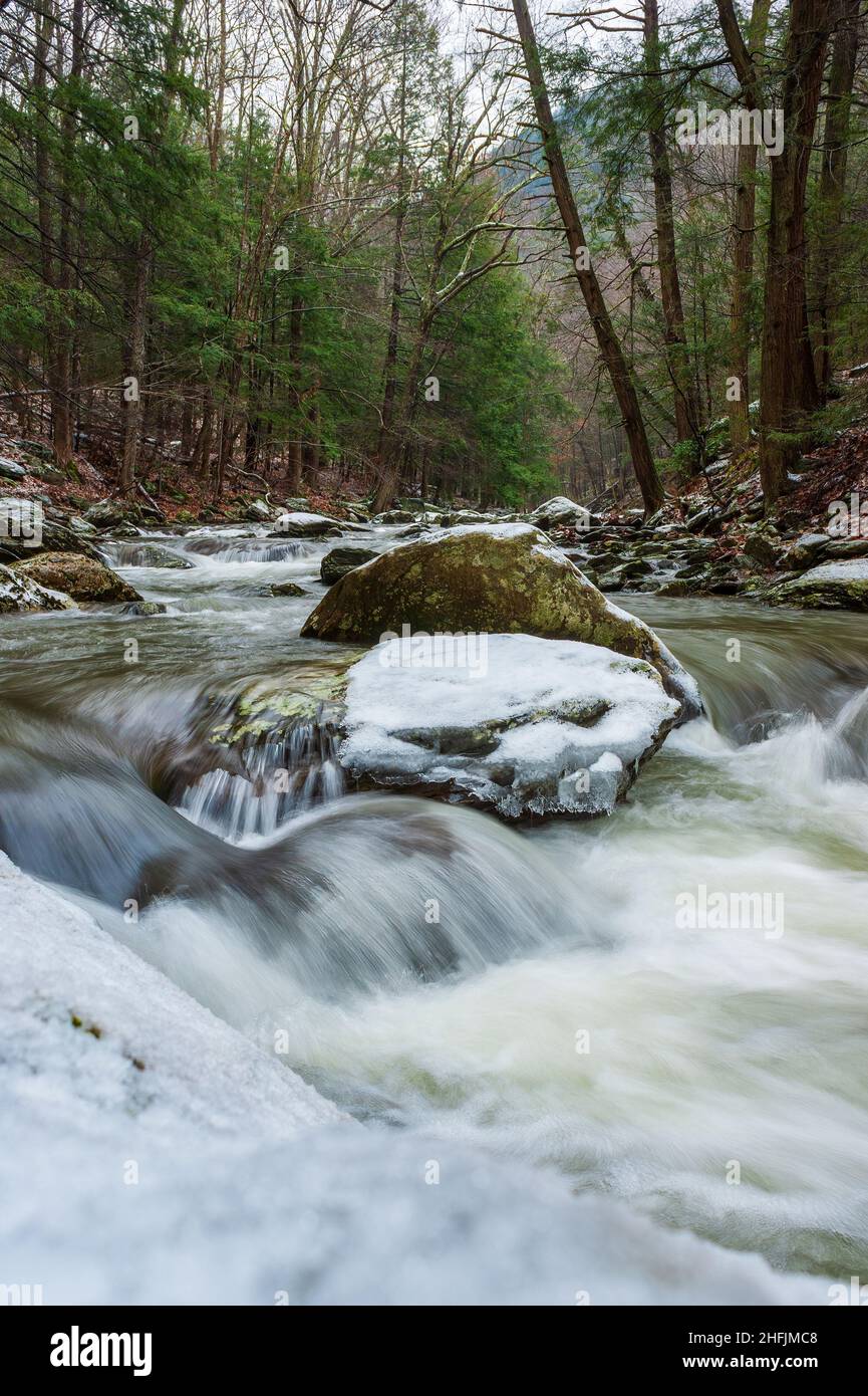 Turbulent rapids through a rocky gorge. Fast-flowing creek downstream ...