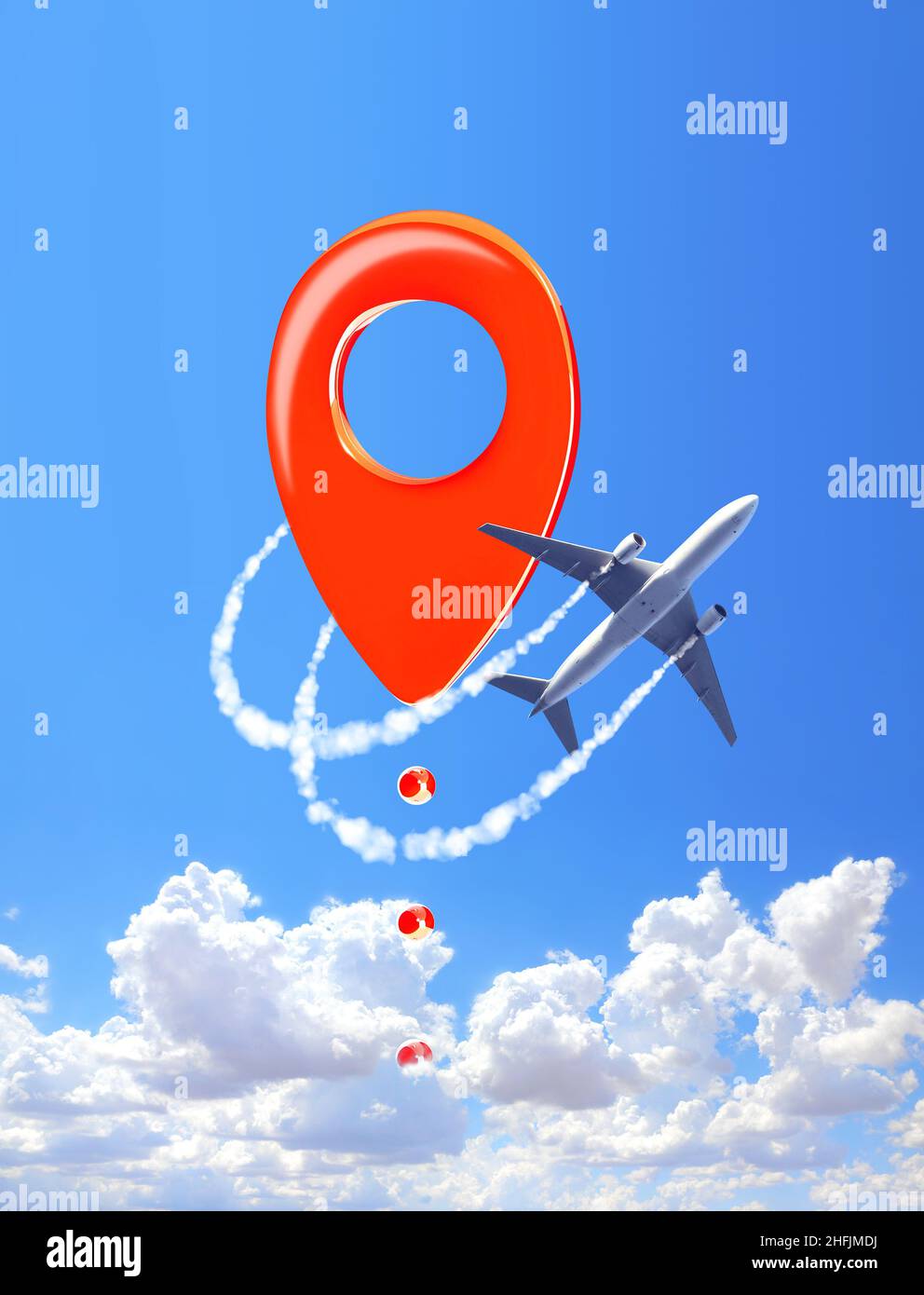 Vertical nature background with aircraft and location pin sign in the ...