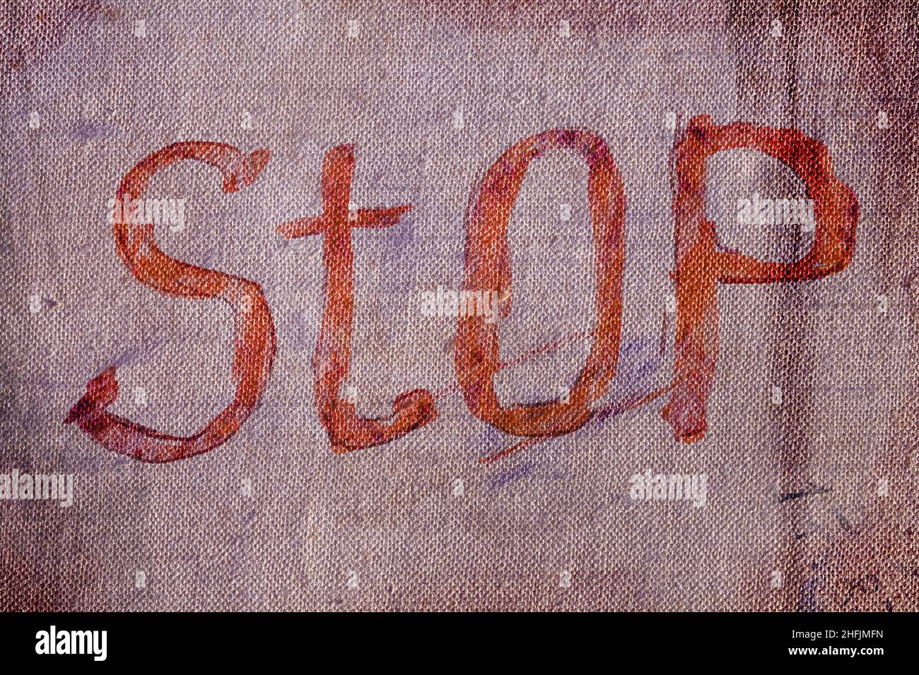 Obsolete burlap texture with red letter writing Stock Photo - Alamy