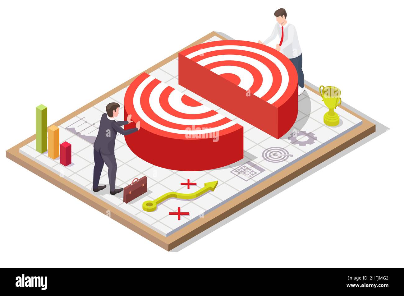Business people connecting target pieces together, vector isometric ...