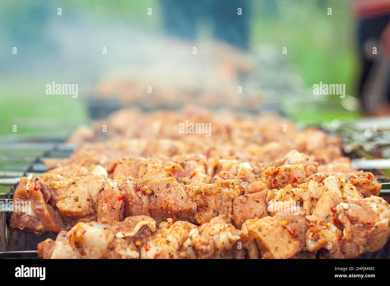Cooking meat with smoke on coals, outdoor recreation. European BBQ ...