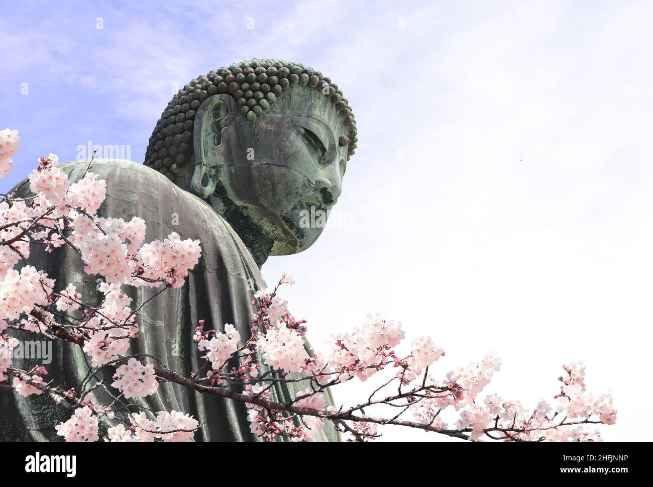 Ancient bronze statue of the Great Buddha Daibutsu and flowers of ...