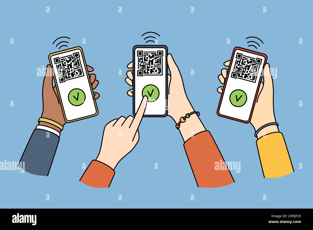 Scanning qr codes and technologies concept. Top view of human hands ...