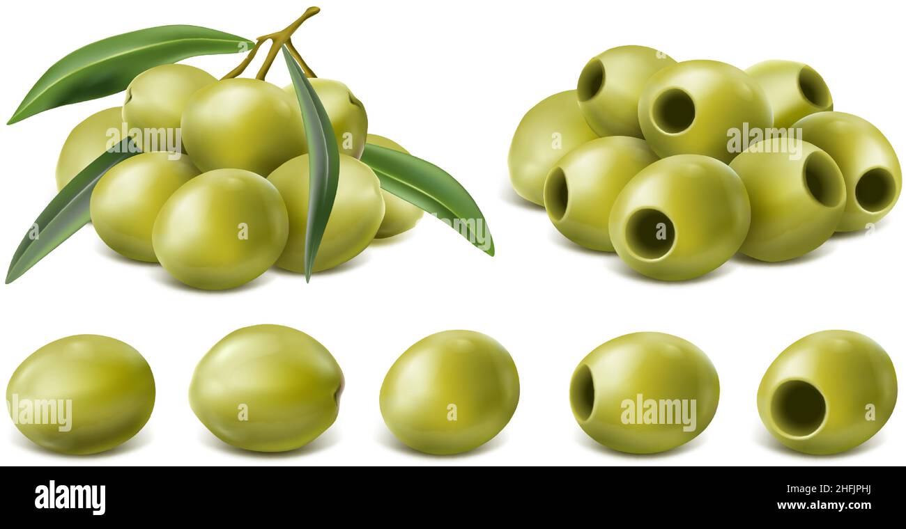 3d realistic vector icon set. Green olives. Isolated on white ...