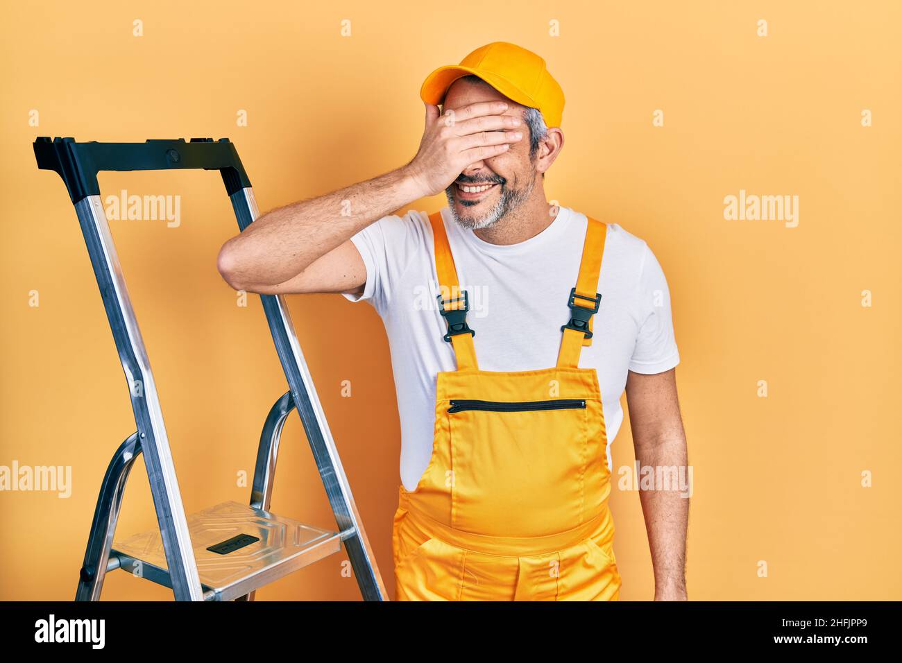 Handsome middle age man with grey hair holding ladder smiling and ...