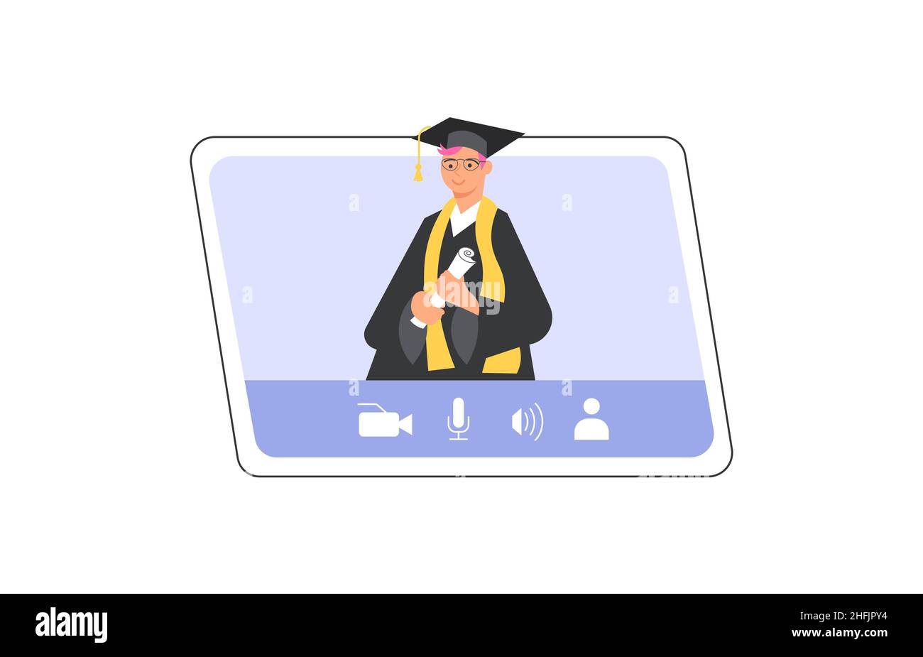 Online Video Graduation ceremony on distance. Happy graduate man on pc ...