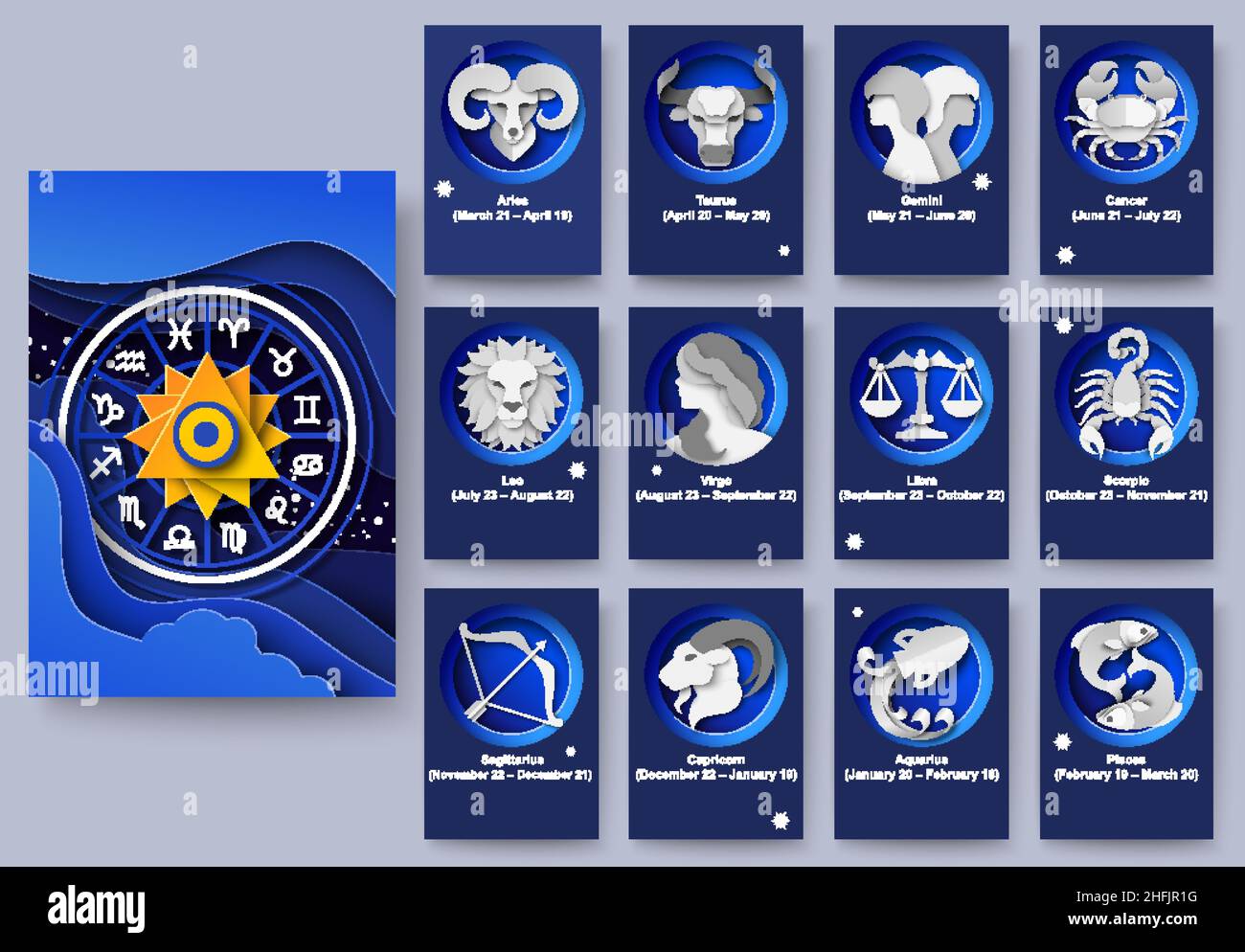 Zodiac wheel, twelve horoscope signs, vector paper cut illustration ...