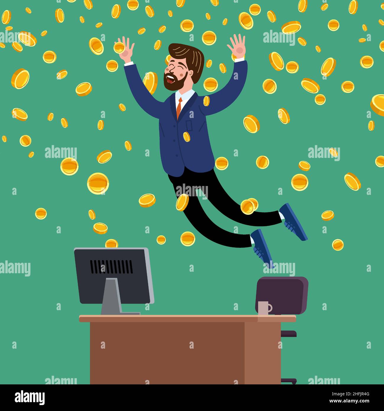 Happy businessman jump in air falling money rain in office. Success ...