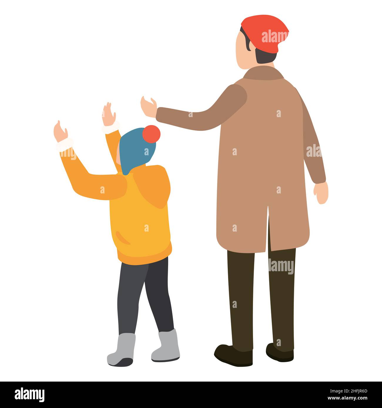 Happy family, father with son, winter cold weather clothes, cap, warm ...