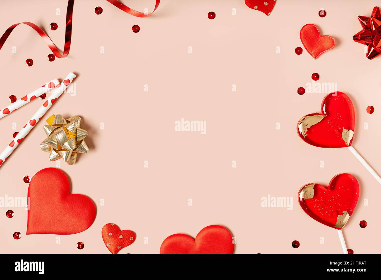 Background with gift, confetti and hearts lollipops with free space for ...