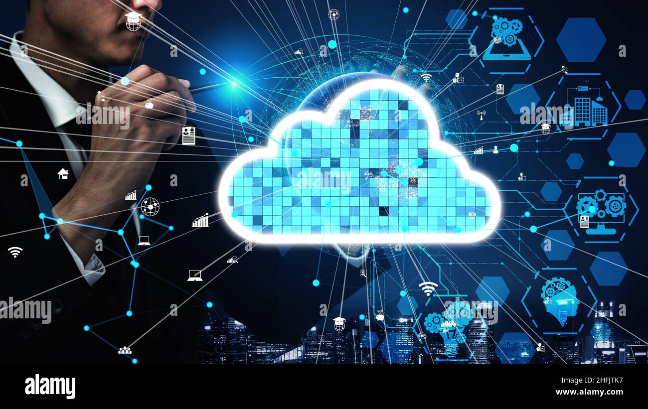 Conceptual cloud computing and data storage technology for future innovation . 3D render ...