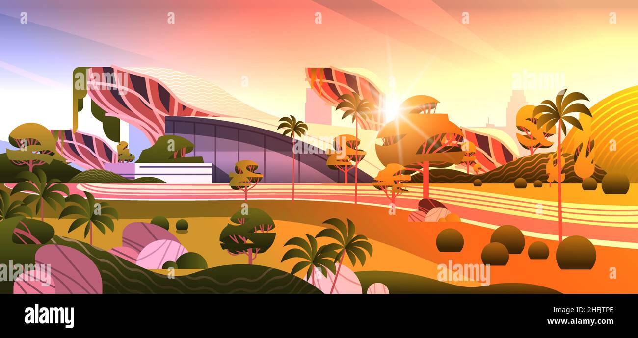 future city futuristic unusual shapes buildings and green trees modern ...