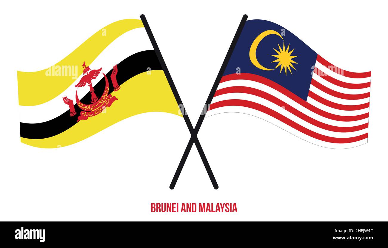 Brunei and Malaysia Flags Crossed And Waving Flat Style. Official ...
