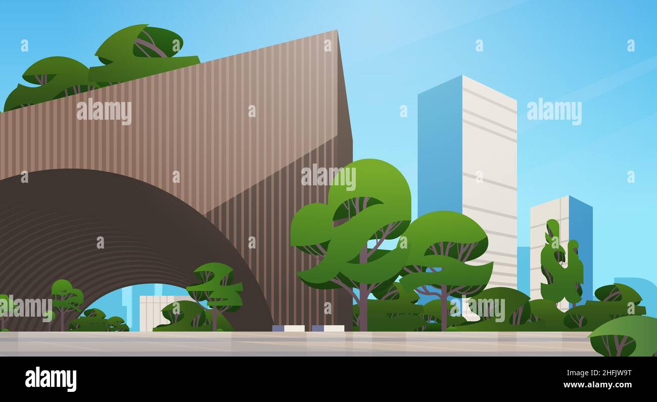 future city futuristic unusual shapes buildings and green trees modern ...