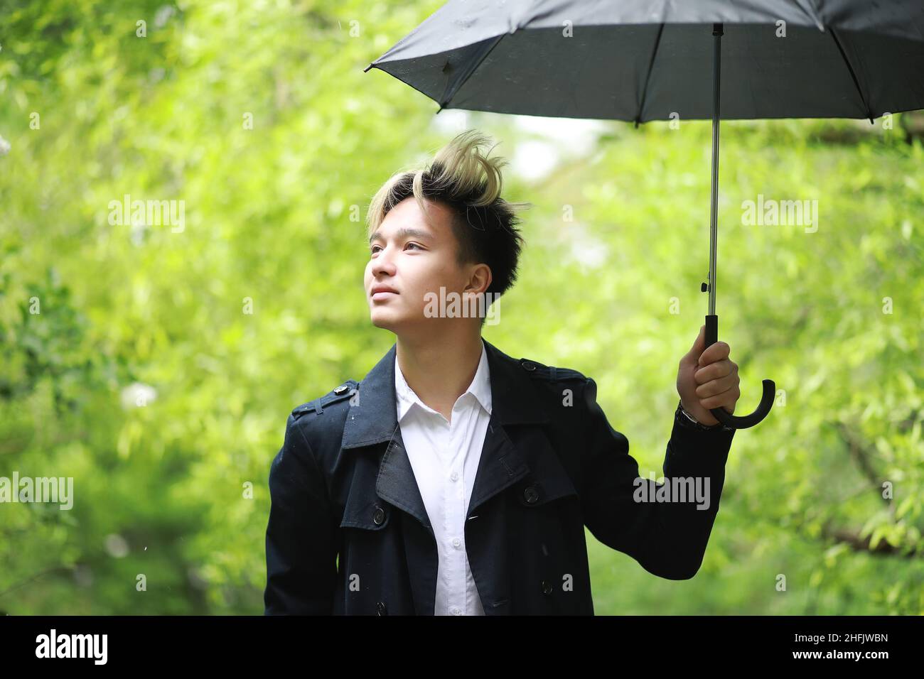 Spring Park in rainy weather and a young man with an umbrella Stock ...