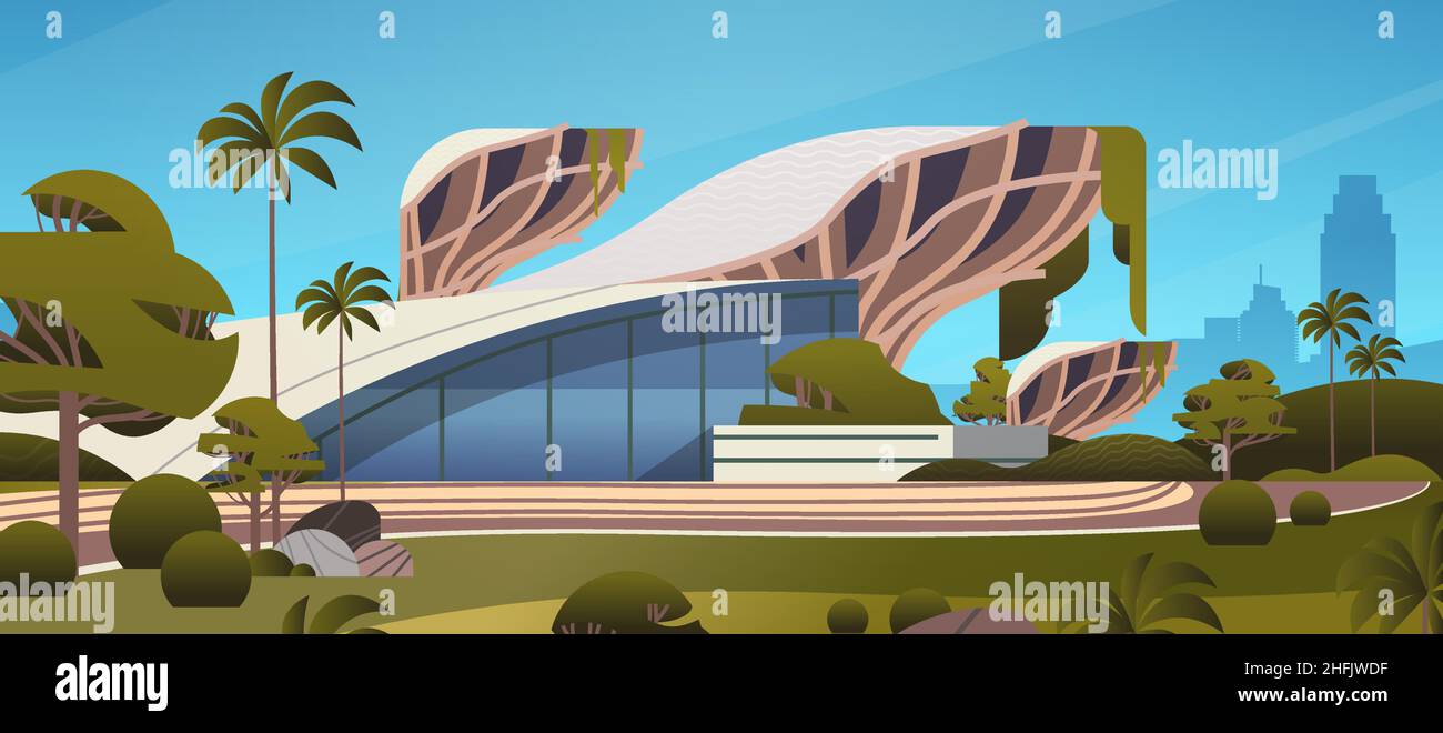 future city futuristic unusual shapes buildings and green trees modern ...