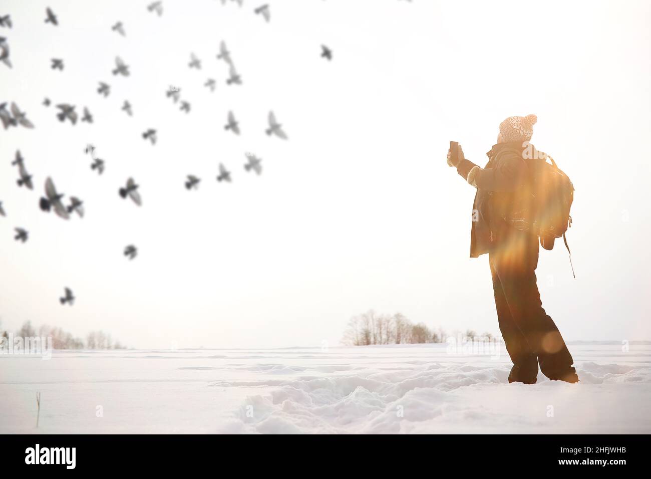 A man on a walk. Winter landscape. Tourist in the winter journey Stock ...