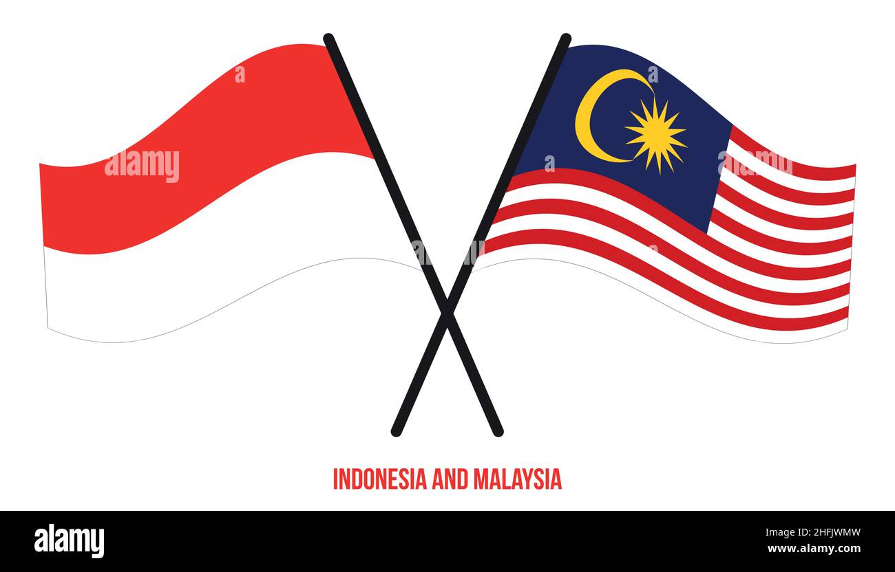 Indonesia and Malaysia Flags Crossed And Waving Flat Style. Official ...