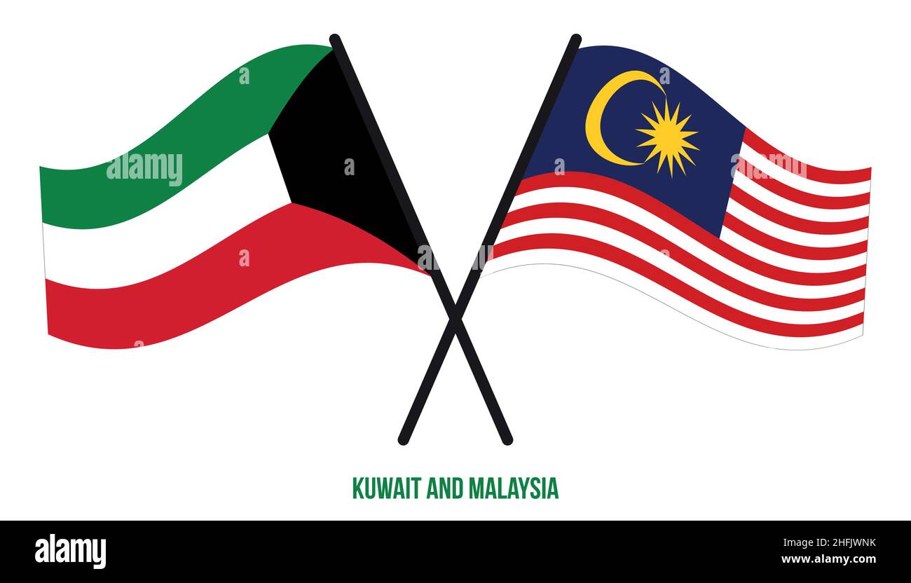 Kuwait and Malaysia Flags Crossed And Waving Flat Style. Official ...
