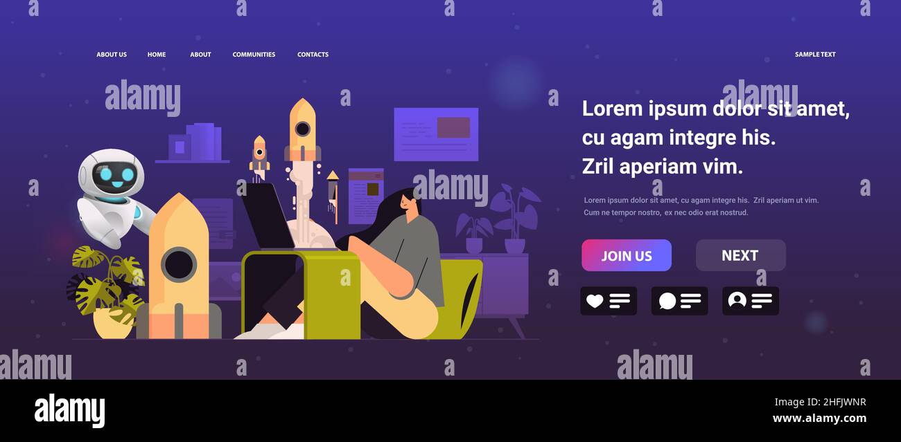 businesswoman with robot helper launching rocket creative project startup business artificial ...